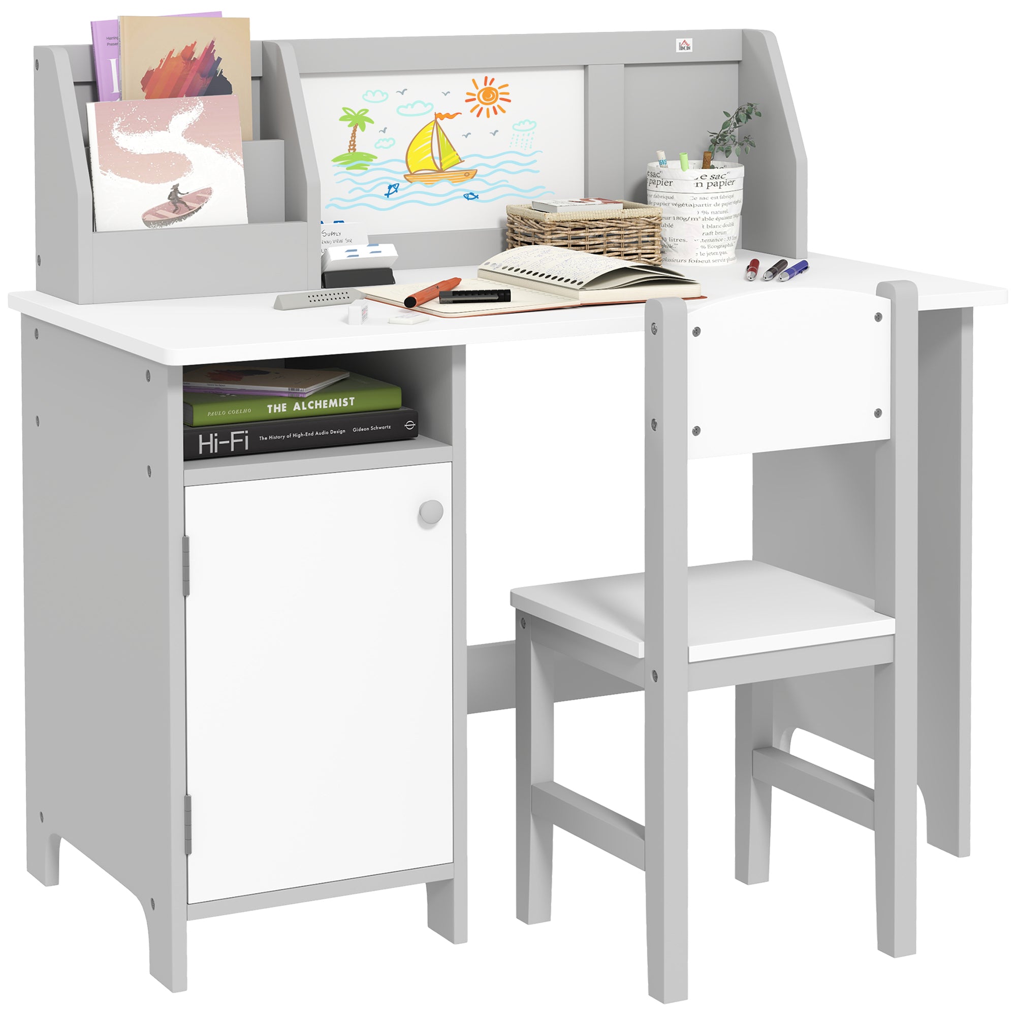 Qaba Kids Writing Desk with Whiteboard, Storage Cabinet, Gray – Newborn ...
